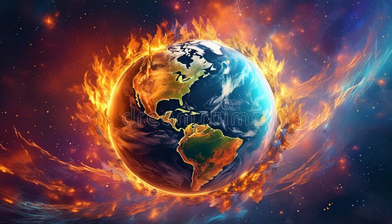 Planet Earth on Fire in Outer Space Stock Illustration - Illustration ...