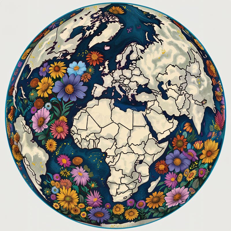 Planet Earth, Flat Colors, Highly Detailed - a Globe with Flowers on it ...