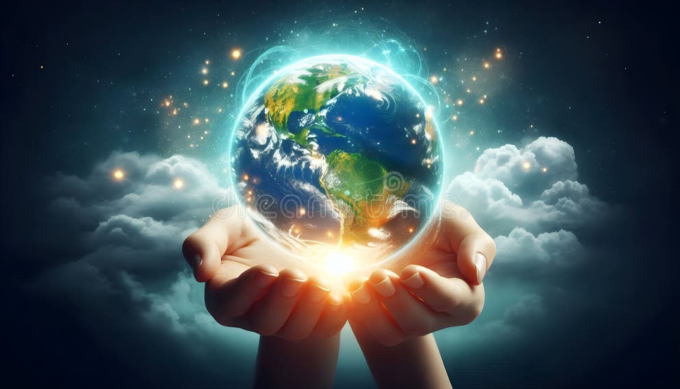 Planet Earth Floating Over Open Hands with Lush Greenery Glowing Light ...