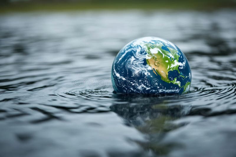 Planet Earth Floating on Water Surface Generating Ripples: Climate ...