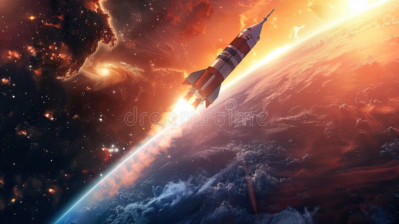 Planet Earth with Flying Rocket among Stars in Universe Stock ...