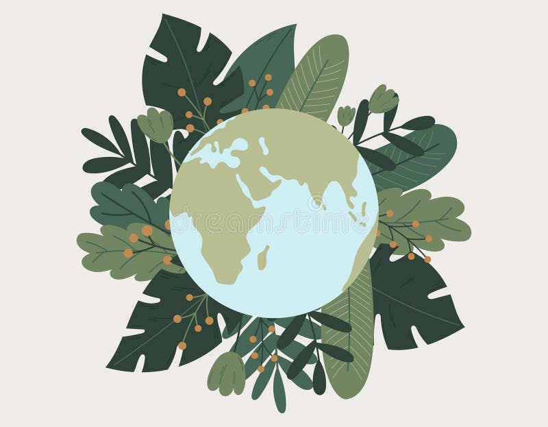 Planet Earth with a Frame of Tropical Green Leaves. Globe Vector ...