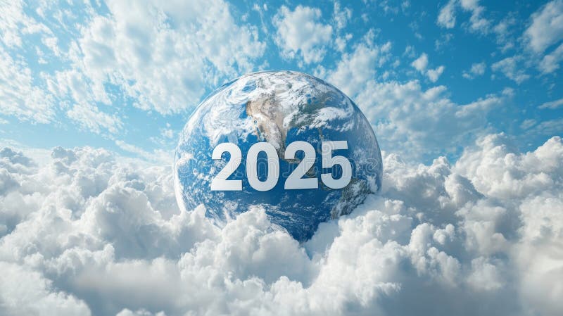 Planet Earth Globe with 2025 for New Year, Blue Sky, Fluffy Clouds ...