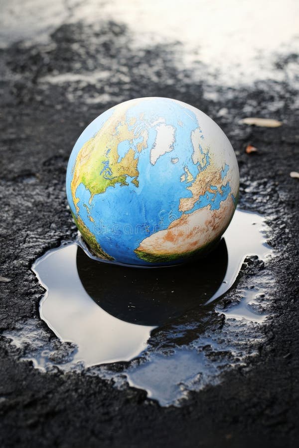 Planet Earth Globe in Water Puddle Reflecting Environmental Awareness ...