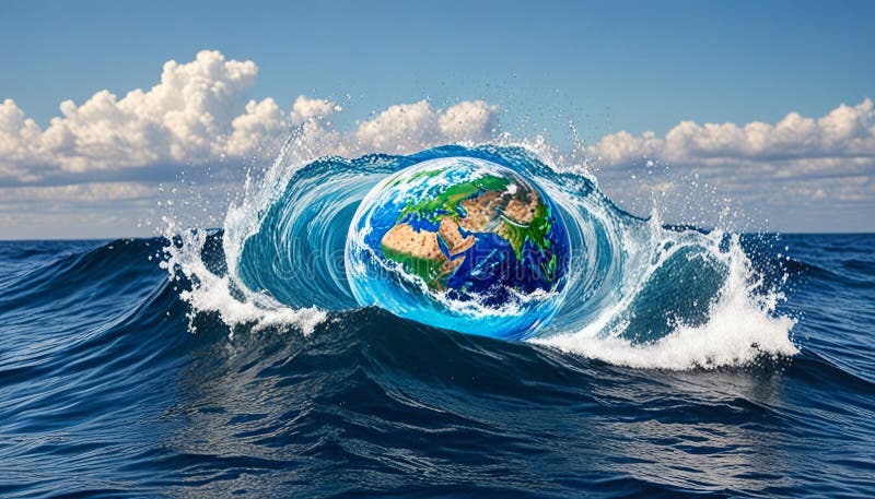 Planet Earth Globe in Wave of Water in the Ocean Stock Illustration ...
