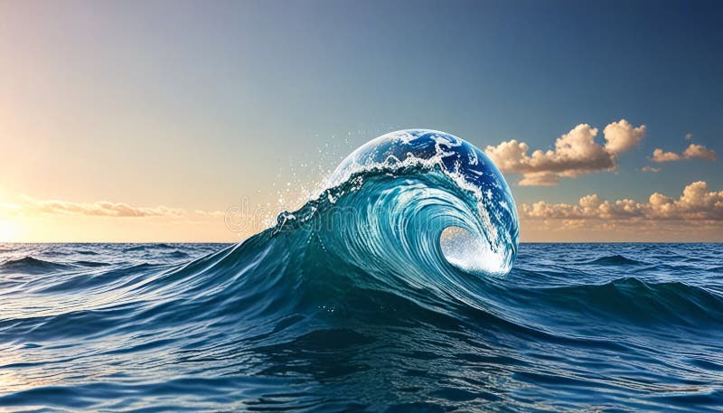Planet Earth Globe in Wave of Water in the Ocean Stock Illustration ...