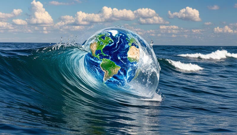 Planet Earth Globe in Wave of Water in the Ocean Stock Illustration ...