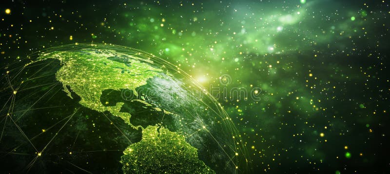 Planet Earth Glowing Green with Network Connections Technology and ...