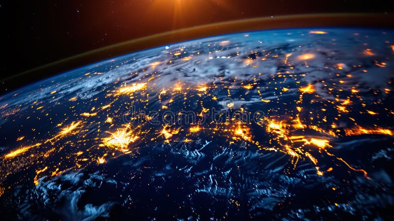 Planet Earth Glowing at Night Viewed from Space Stock Illustration ...