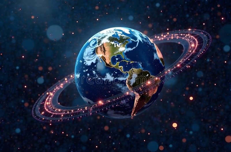 Planet Earth with Glowing Rings in Outer Space Surrounded by Stars and ...
