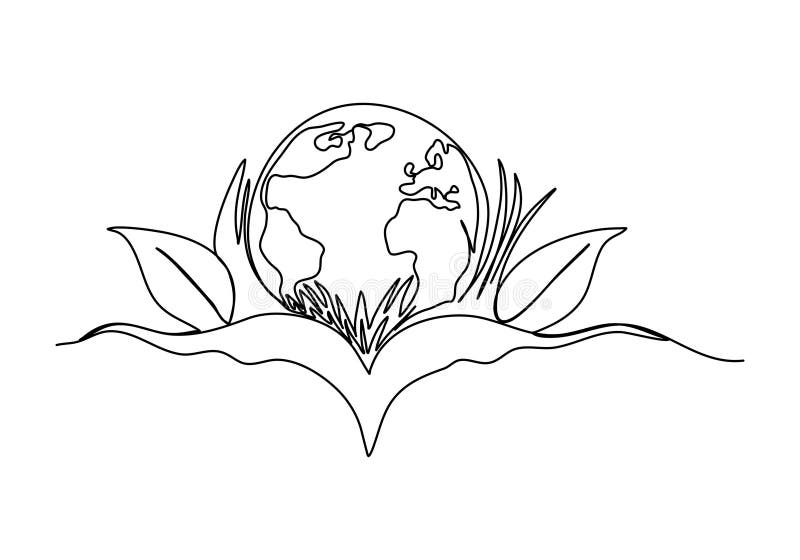 Planet Earth with Grass and Leaves, One Line Drawing Vector ...