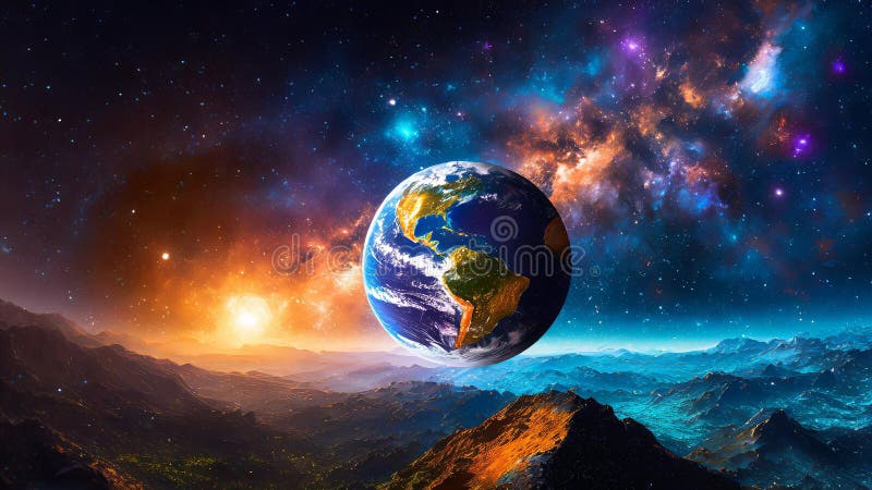 Planet Earth Hangs Above Mountains in Deep Outer Space, Surrounded by ...