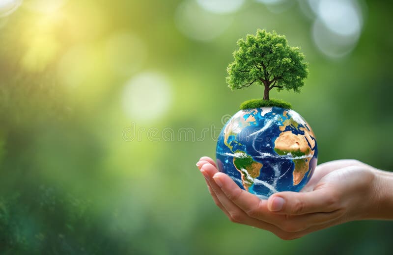 Planet Earth Held in Hands with Tree on Top. Eco Friendly Concept ...