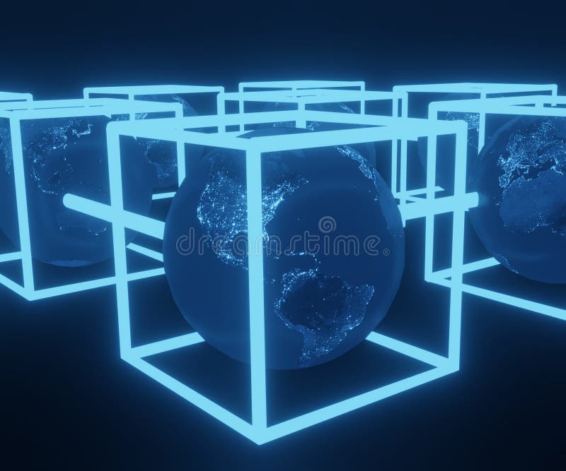 Planet Earth Inside of Blue Box. Blockchain Distribution Ledger Stock ...