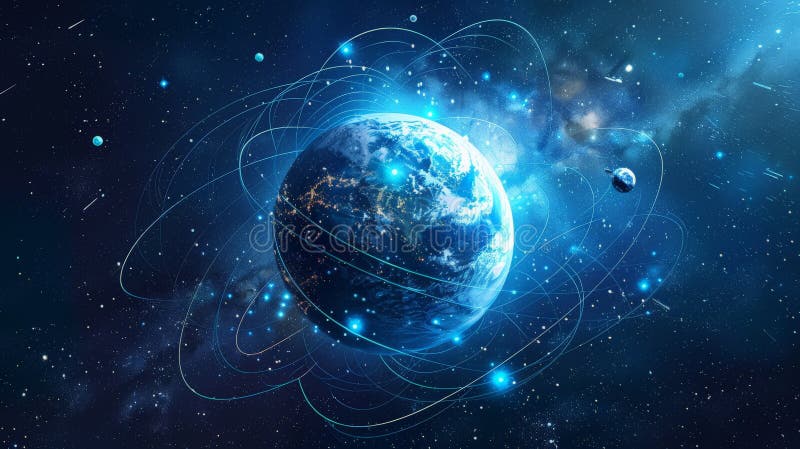 Planet Earth with Interconnected Orbits and Satellites Surrounding it ...