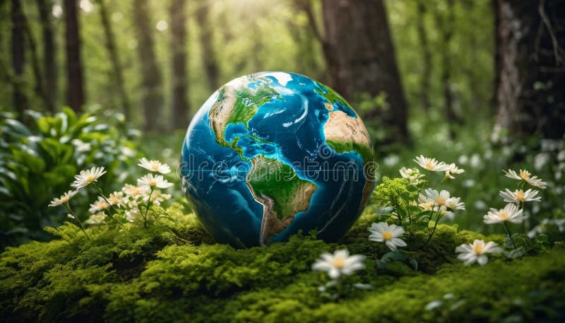 Planet Earth Lies on Moss in the Forest. Eco Theme Stock Illustration ...