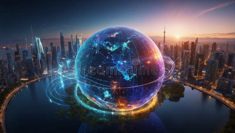 In the Metaverse, Hologram of a Planet Hangs Over the Water of a Round ...