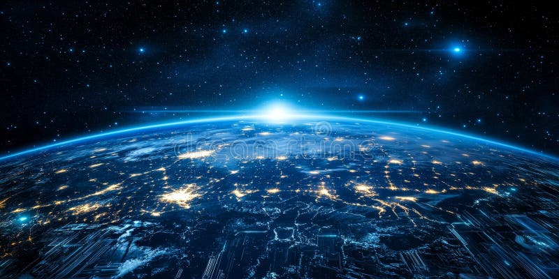 Planet Earth at Night with Network Grid Connecting Cities, Global ...