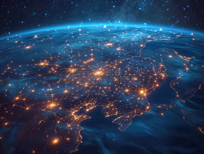 Planet Earth at Night View from Space Stock Illustration - Illustration ...