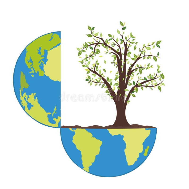 Planet Earth Open in Section with Earth and Tree Vector Illustration ...