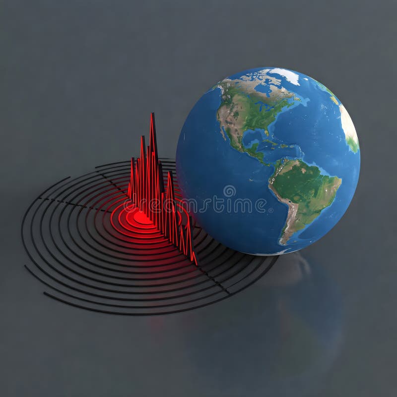 Planet Earth with Red Seismic Waves Emanating from a Point on a Dark ...