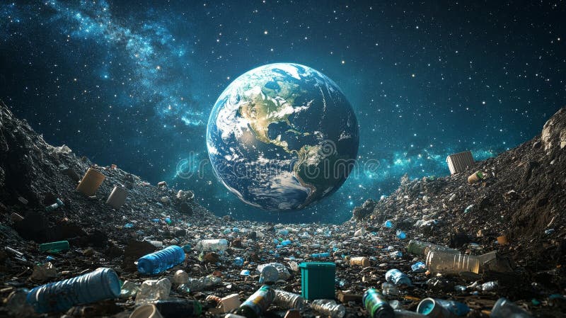 Planet Earth Rising Above Waste Plastic Bottles in Space Stock Photo ...