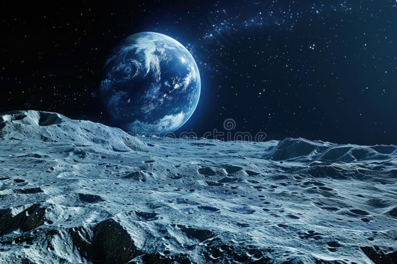 Planet Earth Rising Over Barren Moon Landscape Stock Illustration ...
