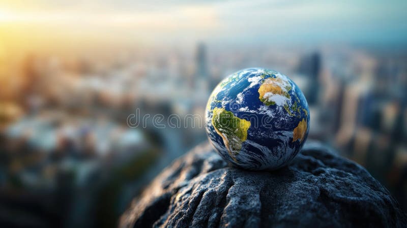 Planet Earth on a Rocky Surface with Blurred Urban Background Stock ...