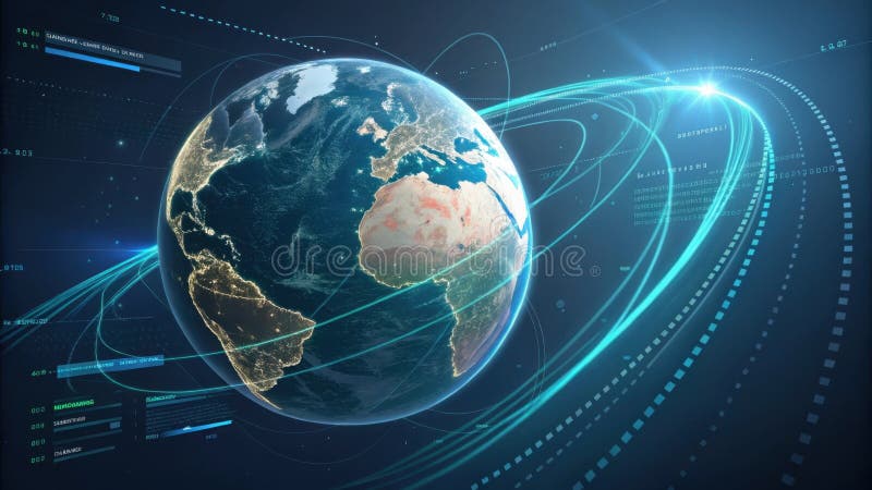Planet Earth Rotating with Futuristic Digital Data and Orbits Stock ...