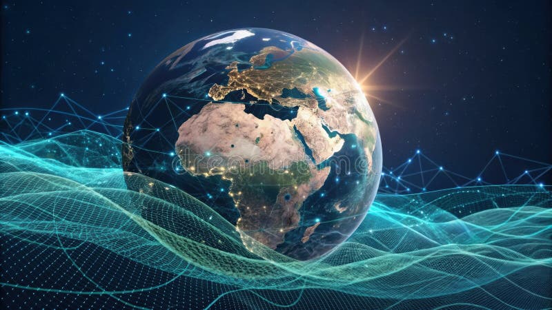 Planet Earth Rotating Over Digital Waves of Data Flowing in Cyberspace Stock Image - Image of ...