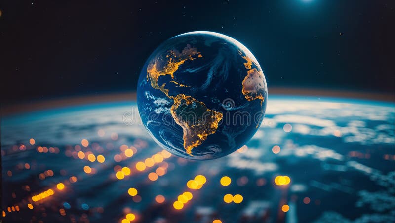 Planet Earth Rotating Showing Night City Lights and Starry Outer Space ...