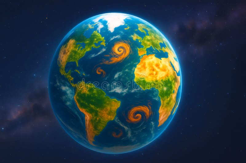 Planet Earth Rotating in Space with Multiple Hurricanes Developing in ...