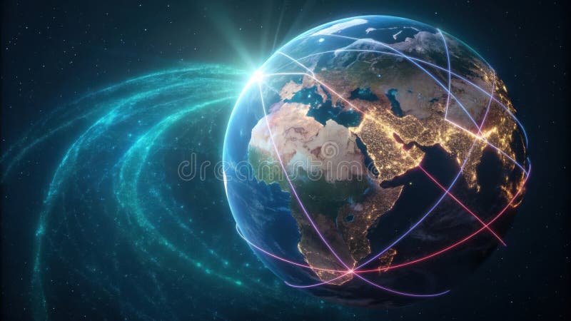 Planet Earth Rotating in Space Showing Internet Connections between ...