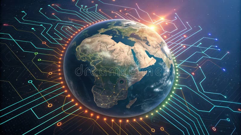 Planet Earth Rotating in Space Surrounded by Electronic Circuits and ...