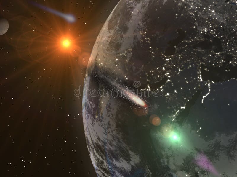 Earth And The Flying Comet Against The Starry Sky From Outer Space ...