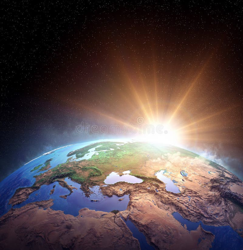 Planet Earth from Space, Sun Shining on the Horizon Stock Illustration ...