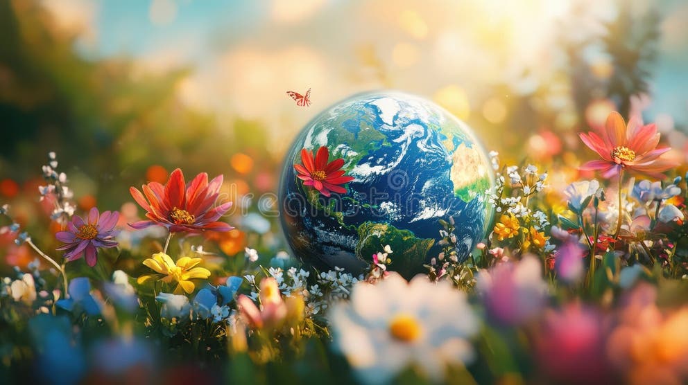 Planet Earth between Spring Flowers Stock Photo - Image of globe ...