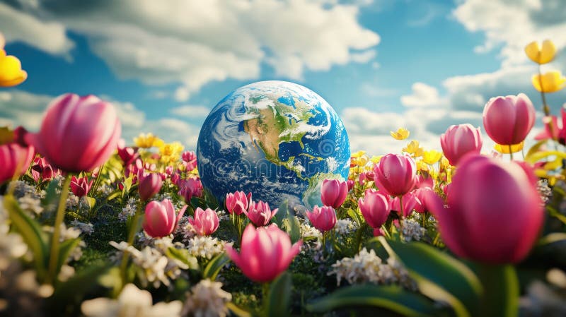Planet Earth between Spring Flowers Stock Photo - Image of concept ...
