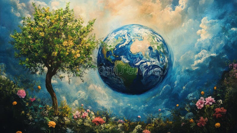 Planet Earth between Spring Flowers Stock Photo - Image of grass ...