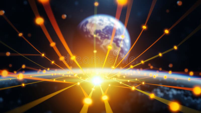 Planet Earth with Sunburst and Abstract Glowing Light Lines in Space ...
