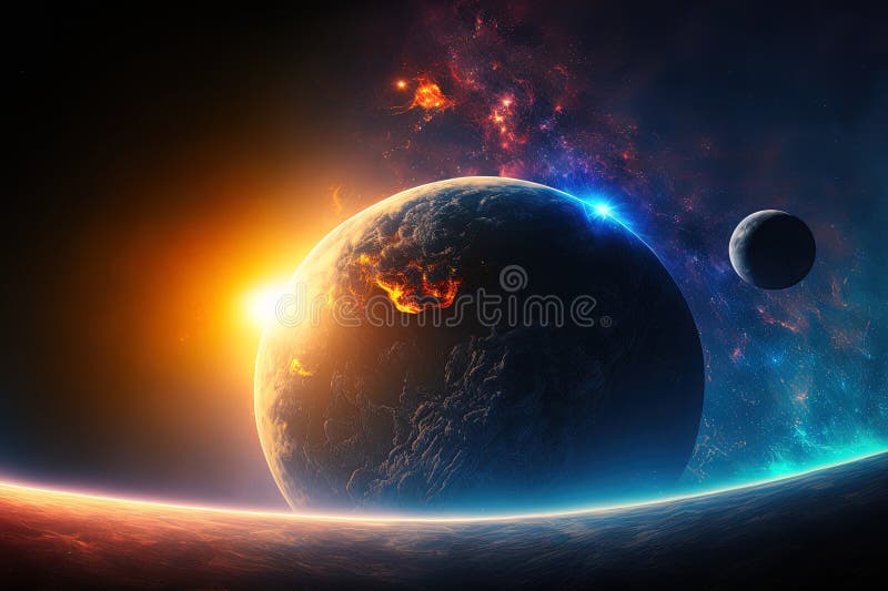 Planet Earth with Sunrise and Moon in Space Stock Illustration ...