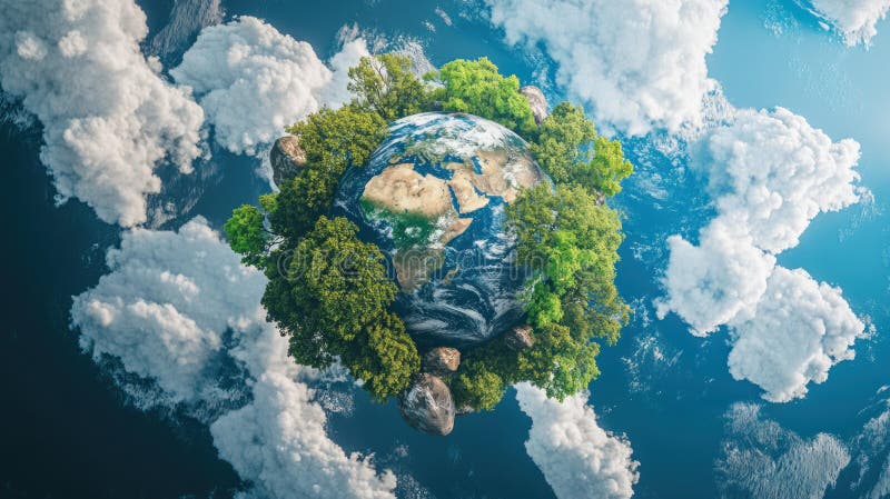 Planet Earth Surrounded by Green Forests and Clouds Stock Illustration ...