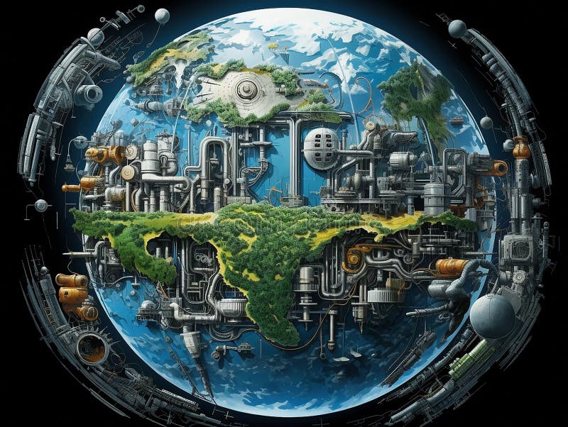 Planet Earth Surrounded by Various Industrial Machinery and Tools Stock ...