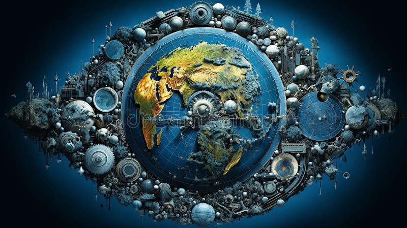 Planet Earth Surrounded by Various Industrial Machinery and Tools Stock ...