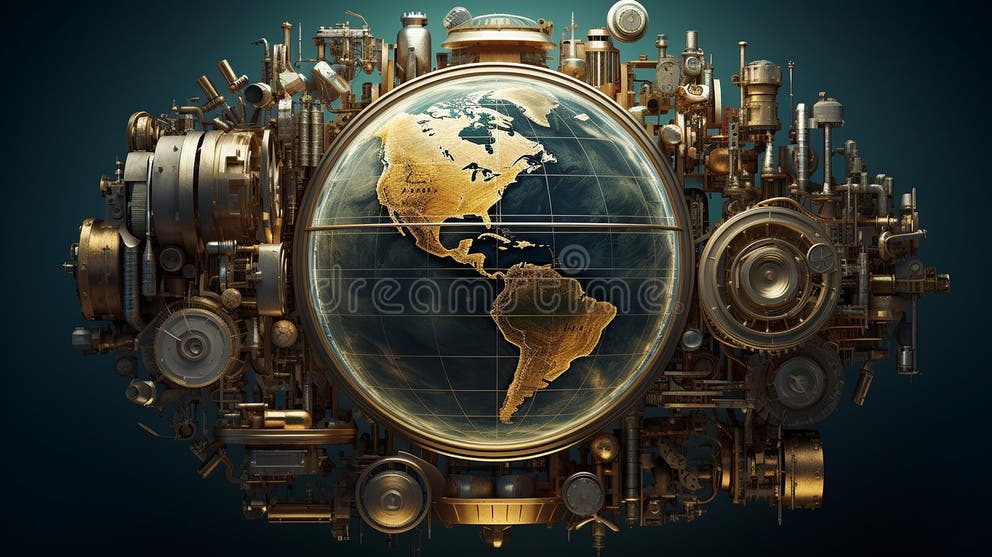 The Planet Earth, Surrounded by Various Mechanisms, Machines and Tools ...