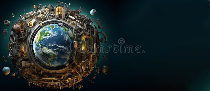 The Planet Earth, Surrounded by Various Mechanisms, Machines and Tools ...