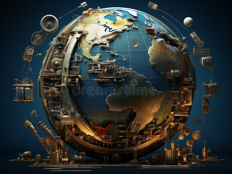 The Planet Earth, Surrounded by Various Mechanisms and Tools Stock ...