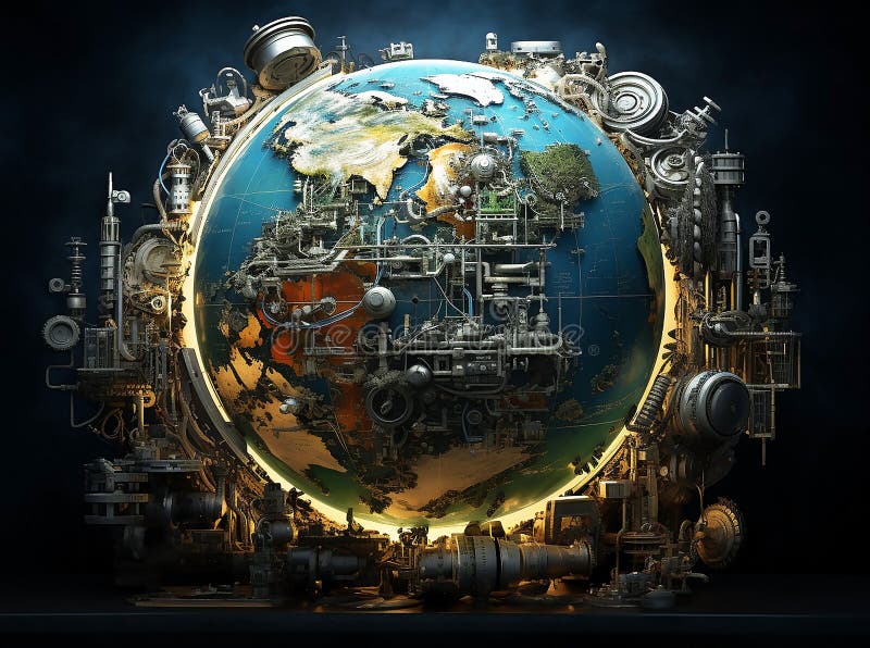 The Planet Earth, Surrounded by Various Mechanisms and Tools of a ...