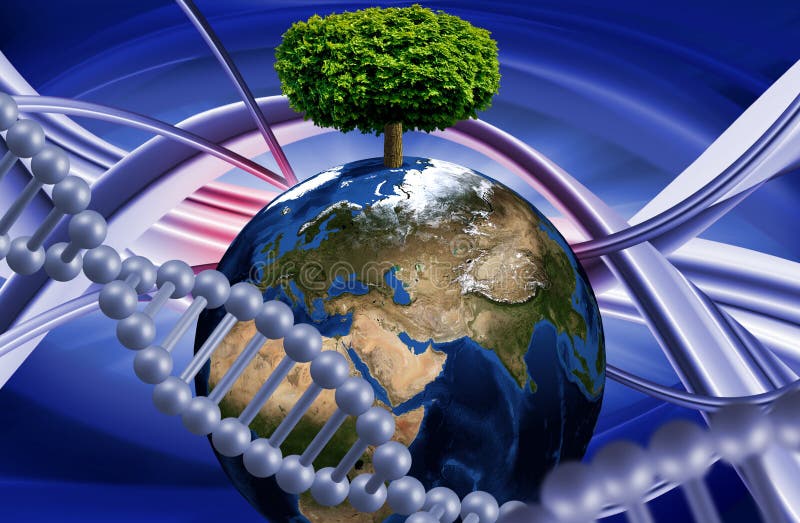 Planet Earth with a Symbolic Tree and Dna Chains on a Green Abstract ...