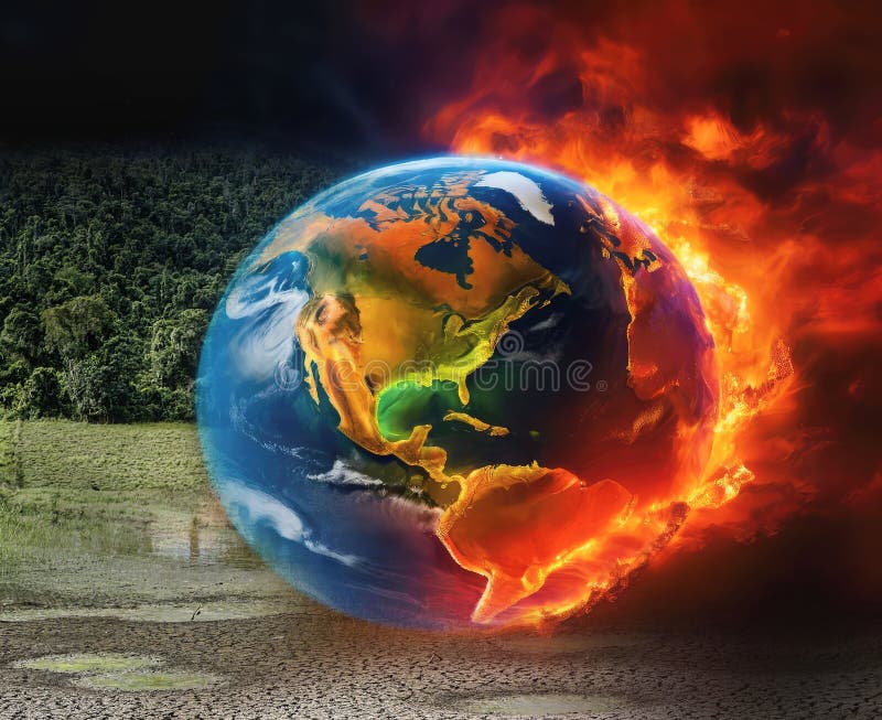 Planet Earth with Trees and Green Grass on One Side Fire on the Other ...